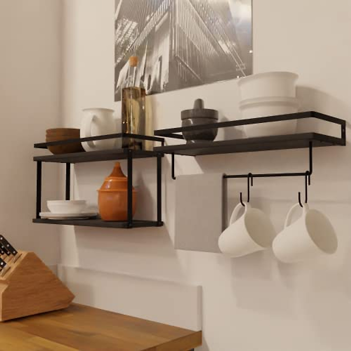 Wall Mounted Floating Shelves Set of 2 with Tissue Rack, Towel Bar & Hooks, Storage Rack for Bathroom, Kitchen, Livingroom, Bedroom & Garage - Black