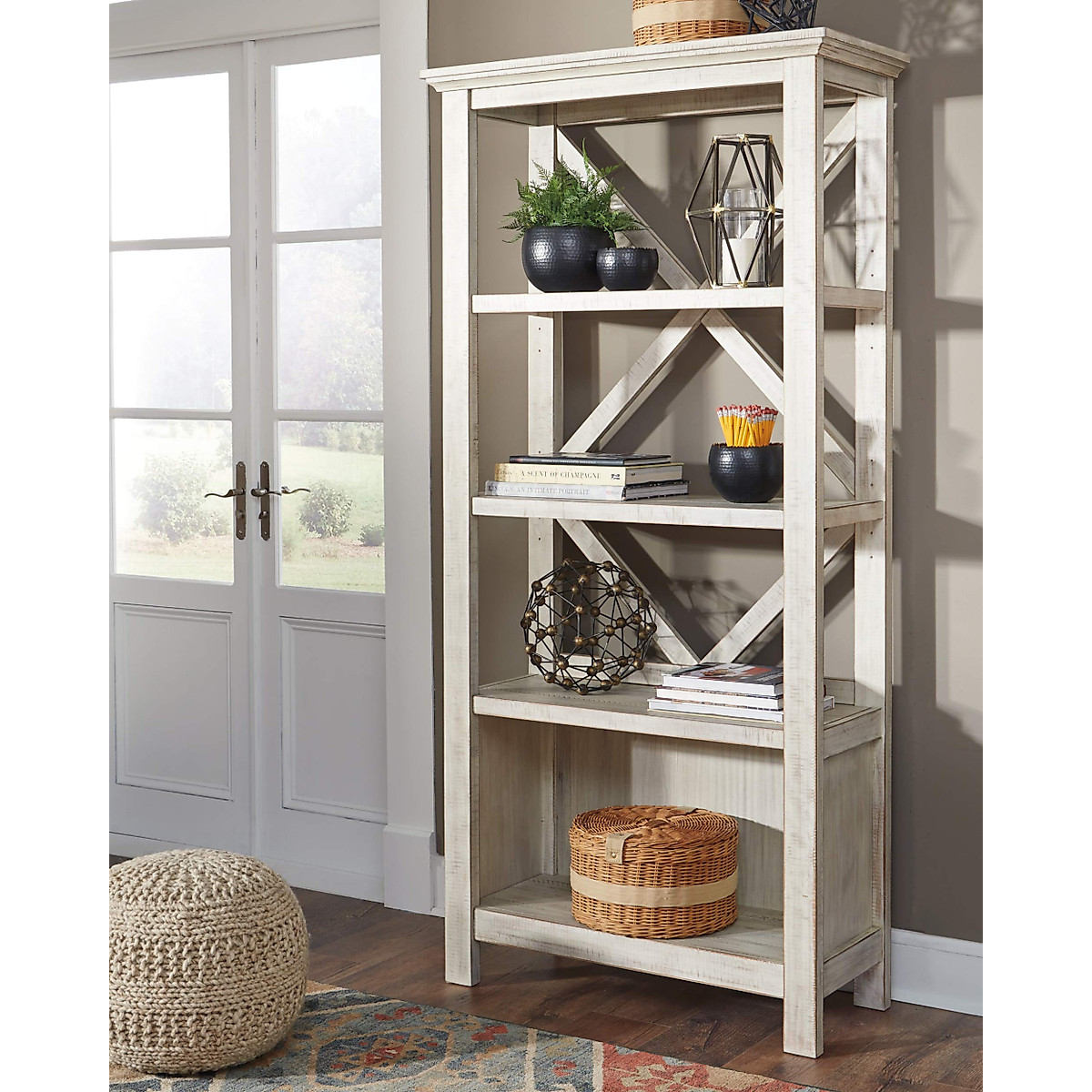 Signature Design by Ashley Carynhurst Rustic Farmhouse 75" Bookcase with 4 Shelves, White