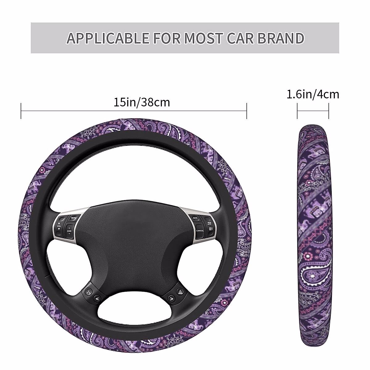 Purple Elephant Steering Wheel Cover Women Girl Car Accessories Interior Universal 15 Inch Auto Anti-Slip Steering Wheel Protector for Truck SUV Sedan