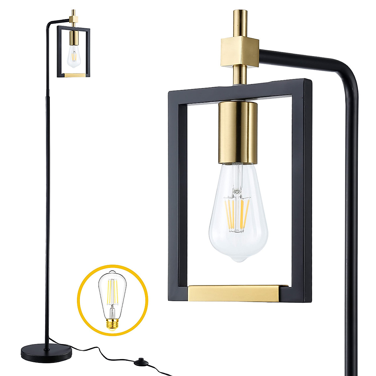 Hamilyeah Industrial Floor Lamp for Living Room, Mid Century Standing Lamp for Bedroom, Farmhouse Black and Gold Tall Lamp for Office, Stand up Lamp with Pedal Foot Switch, Edison E26 Bulb Included