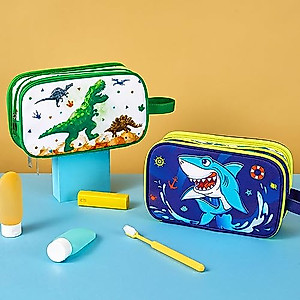 Dinosaur Toiletry Bag - Travel Toiletry Bag for Boys Kids Christmas Birthday Gift Toiletries Makeup Cosmetic Pouch Camping Traveling Toiletry Case Water-resistant Wash Bag Dopp Kit with Mesh Pocket