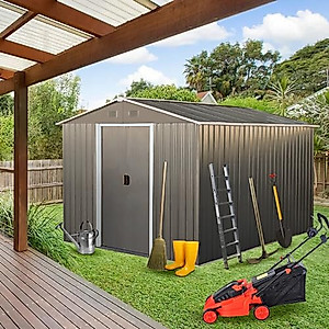 Okak Outdoor Storage Shed 8x10 FT Steel Utility Tool Storage Sheds House with Lockable Doors Waterproof Metal Garden Shed Outdoor Storage for Backyard Garden,Patio,Grey