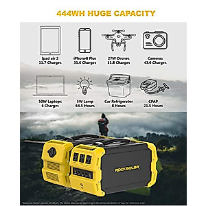 ROCKSOLAR RS650 444Wh Lithium Battery, 400W Heavy Duty AC, USB, DC, and Cigarette Lighter Output Solar Powered Generator, Yellow & Black