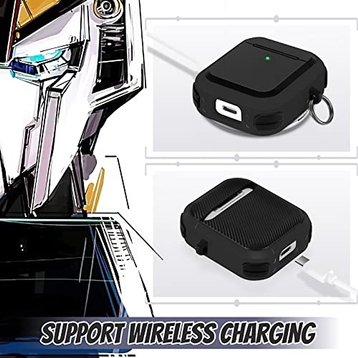 ORIbox Shock-Absorbing Protective Case Compatibel with AirPods 1 and AirPods 2 Case, Full-Body Rugged with Keychain for AirPods ER200001 Battlegear Black