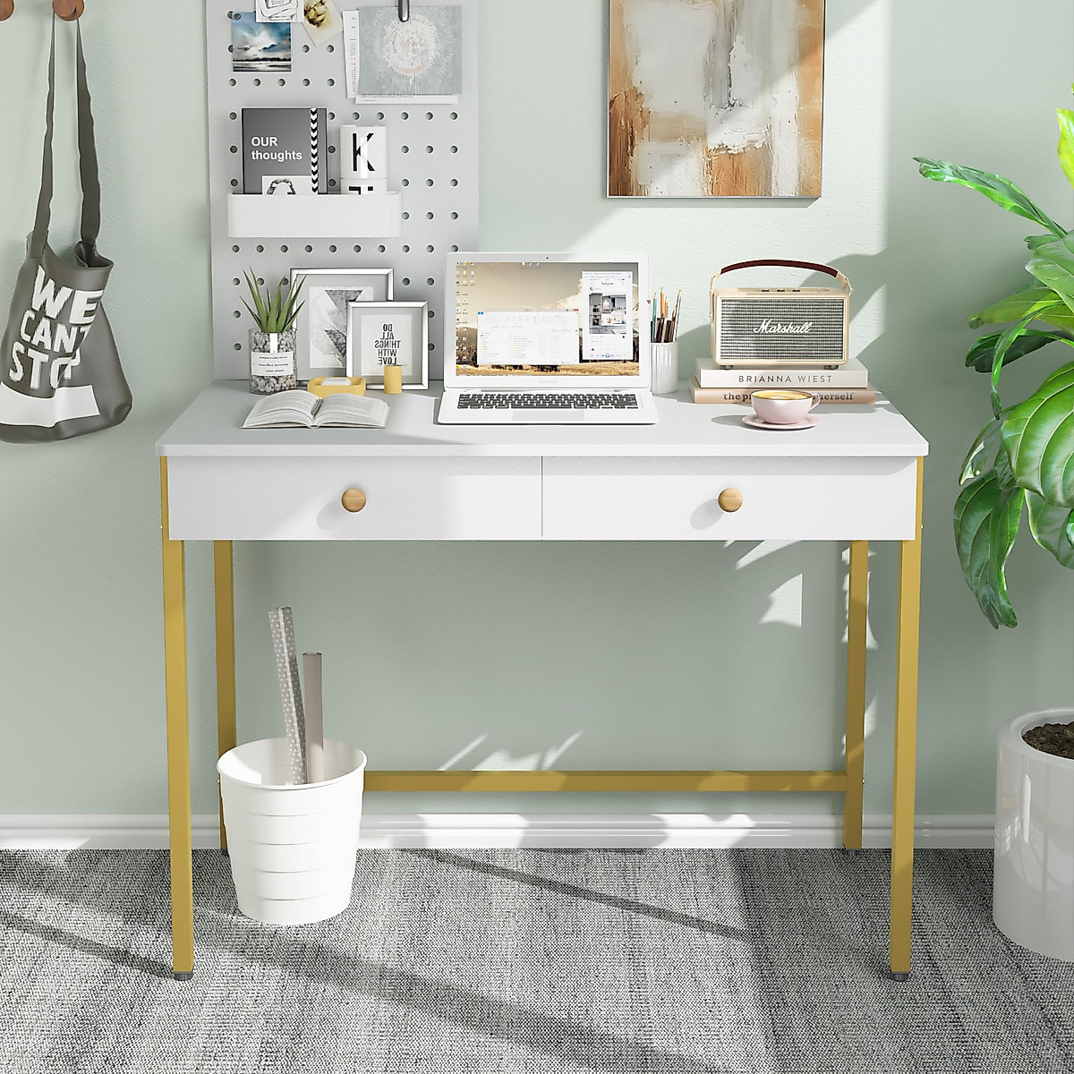 Weehom Computer Desk with Drawers, Home Office Desk for Writing, Studying, and Gaming - Sturdy and Spacious Workstation for PC and Laptop(White and Gold)