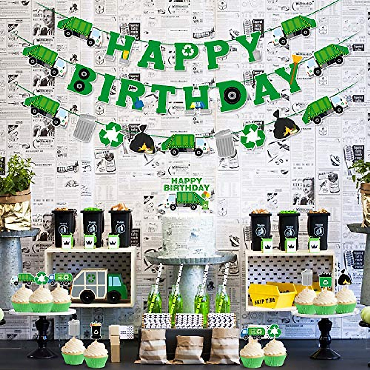 Garbage Truck Birthday Party Supplies Trash Truck Banner Garland Cake Topper Cupcake Toppers Latex Balloons for Boy’s Birthday Waste Management Recycling Party Decor