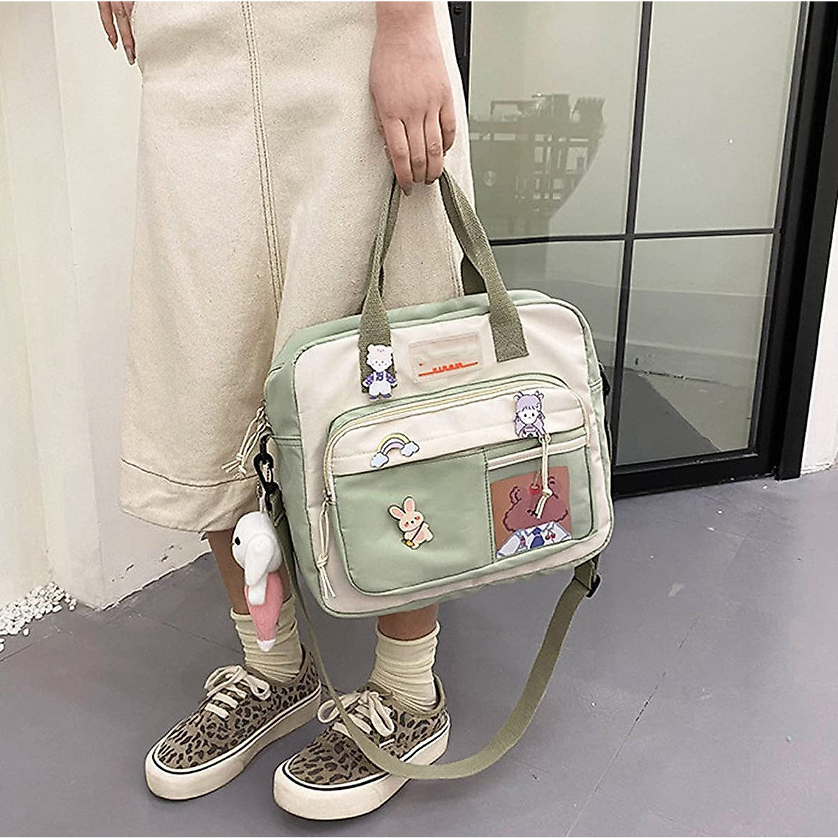 Treonca Kawaii Backpack with Kawaii Pin and Accessories Girl Cute Shoulder Tote Bag Laptop Schoolbag for Students Backpack for School (Green with pendant)