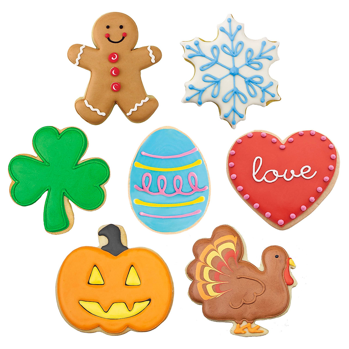 Cookie Cutters for Every Season 7-Pc Set Made in USA by Ann Clark, Gingerbread Man, Turkey, Pumpkin, Shamrock, Heart, Snowflake, Easter Egg