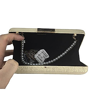 Shine Satin Women Metal Box Clutch Purse Evening Bags with Short Syethetic Pearl Strap (Gold, Mini)