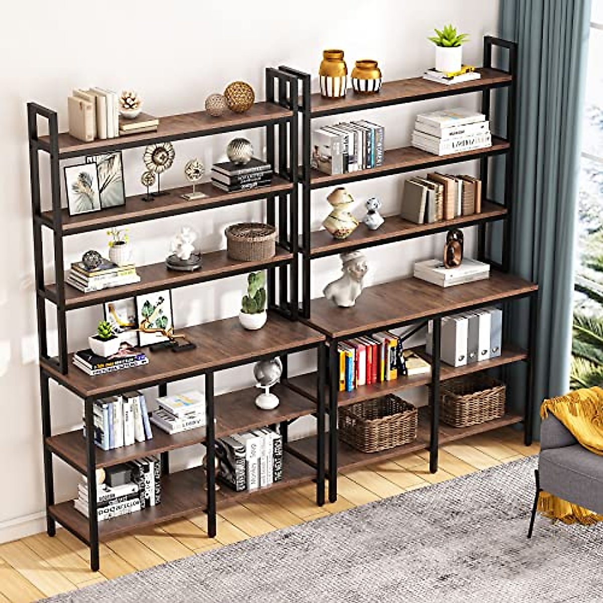 LITTLE TREE 6-Tier Tall Bookshelf with X-Shaped Frame, Industrial Bookcase with Storage, Utility Stand Shelf