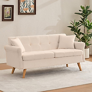 Kingfun Loveseat Sofa, White Love Seat Couches with Throw Pillow, Boucle Small Sofa for Living Room, Bedroom, Office, Button Tufted Upholstered Furniture, Easy to Install