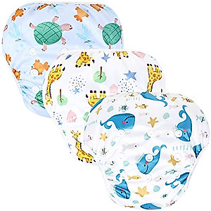 Leekalos One Size Adjustable Reusable Swim Diaper Boys & Girls, Swim Diapers for Baby Shower Gifts & Swimming Lessons, Pack of 3 (Fish, Giraffe, Whale, Small)