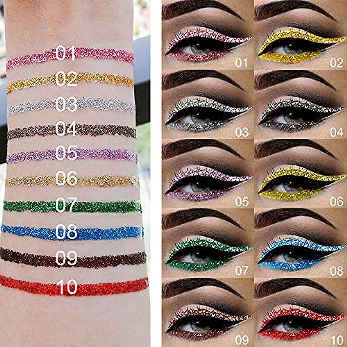 DNM 10 Color Liquid Glitter Sparkle Eyeliner Liquid Makeup Set delineadores de colores para ojos, Glitter Shimmer Metallic Liquid Eyeliner Liner Colorful Set Green Silver Eye Glitter eyeliner Pencil
