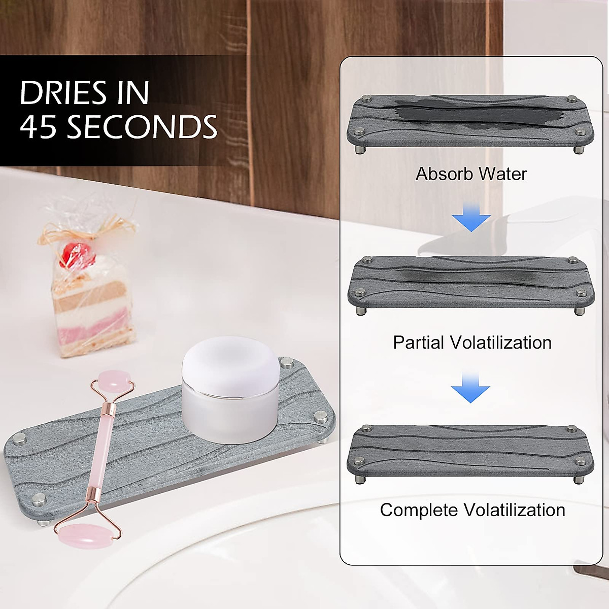 2 Pack Instant Dry Sink Organizer for Bathroom & Kitchen,Spaceaid，Diatomaceous Pedestal Stand Riser with Stainless Steel Feet Protection, counter caddy(Grey)