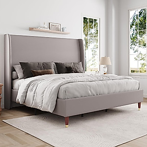 Jocisland Upholstered Bed Frame Queen Size Platform Bed with Wingback Headboard/No Box Spring Needed/Easy Assembly/Light Grey