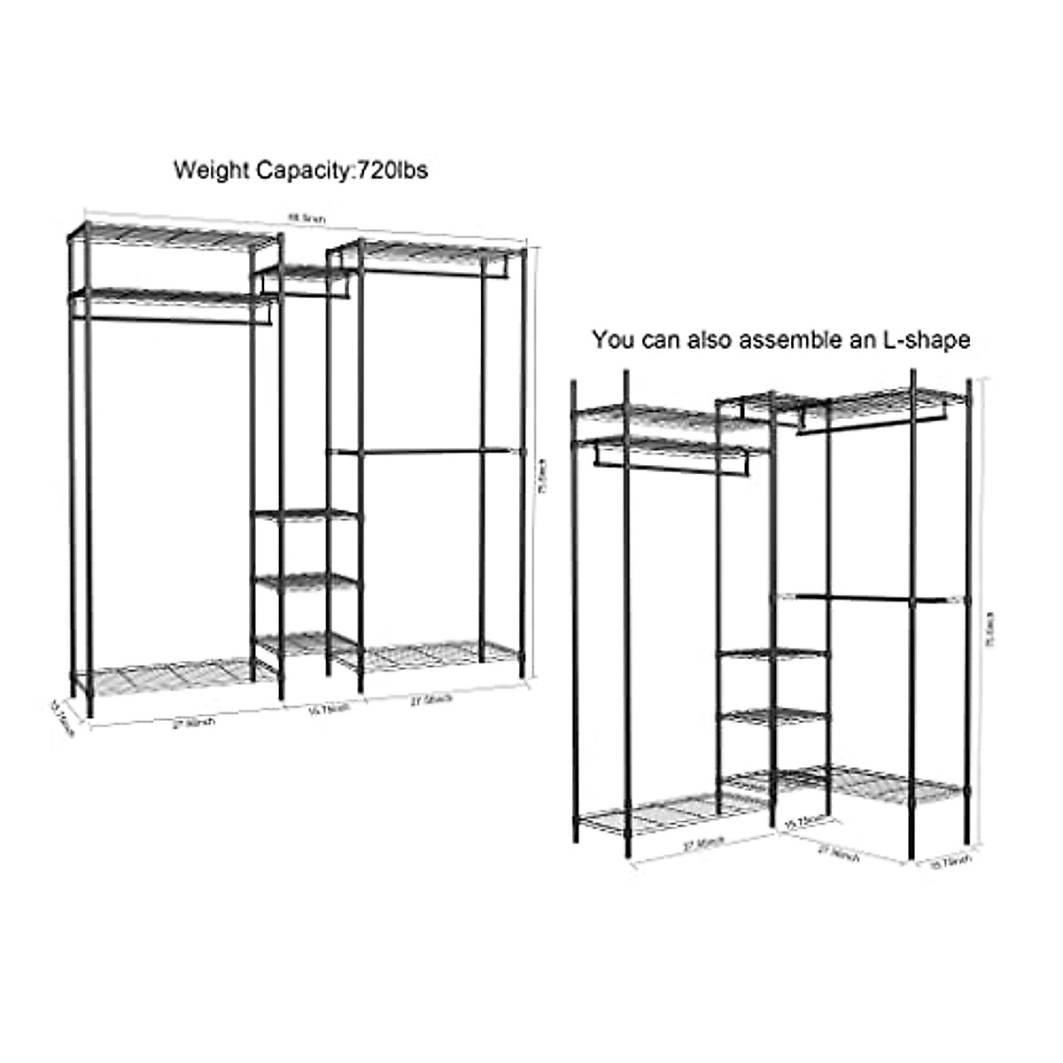 XIOFIO Heavy Duty Wire Garment Rack, Metal Clothing Rack with 4 Hanging Rods and 9 Shelves, Freestanding Open Wardrobe Organizer for Hanging Clothes , 68.5"L x 16.5"W x 76.7"H Max Load 800LBS, Black