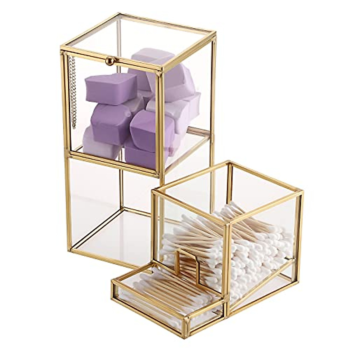Hipiwe Gold Glass Qtip Holder with Lid 2 Compartments Cotton Balls Swab Organizer Cotton Round Pads Holder Makeup Pad Cosmetic Storage Case Q-tip Dispenser for Dresser Countertop