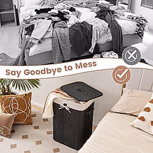 Giantex Bamboo Laundry Hamper with Lid, 72L Large & Tall Clothes Hamper with Removable Liner & Handles, Rectangular Laundry Basket for Small Spaces, Laundry Room, Bedroom (Black)