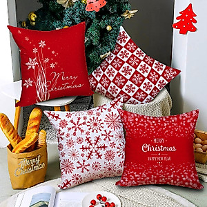 HELERKOL Set of 4 Red Merry Christmas Throw Pillow Covers 18 x 18 inch Snowflake Pillow Covers for Couch Sofa Winter Holiday Decoration Cushion Case