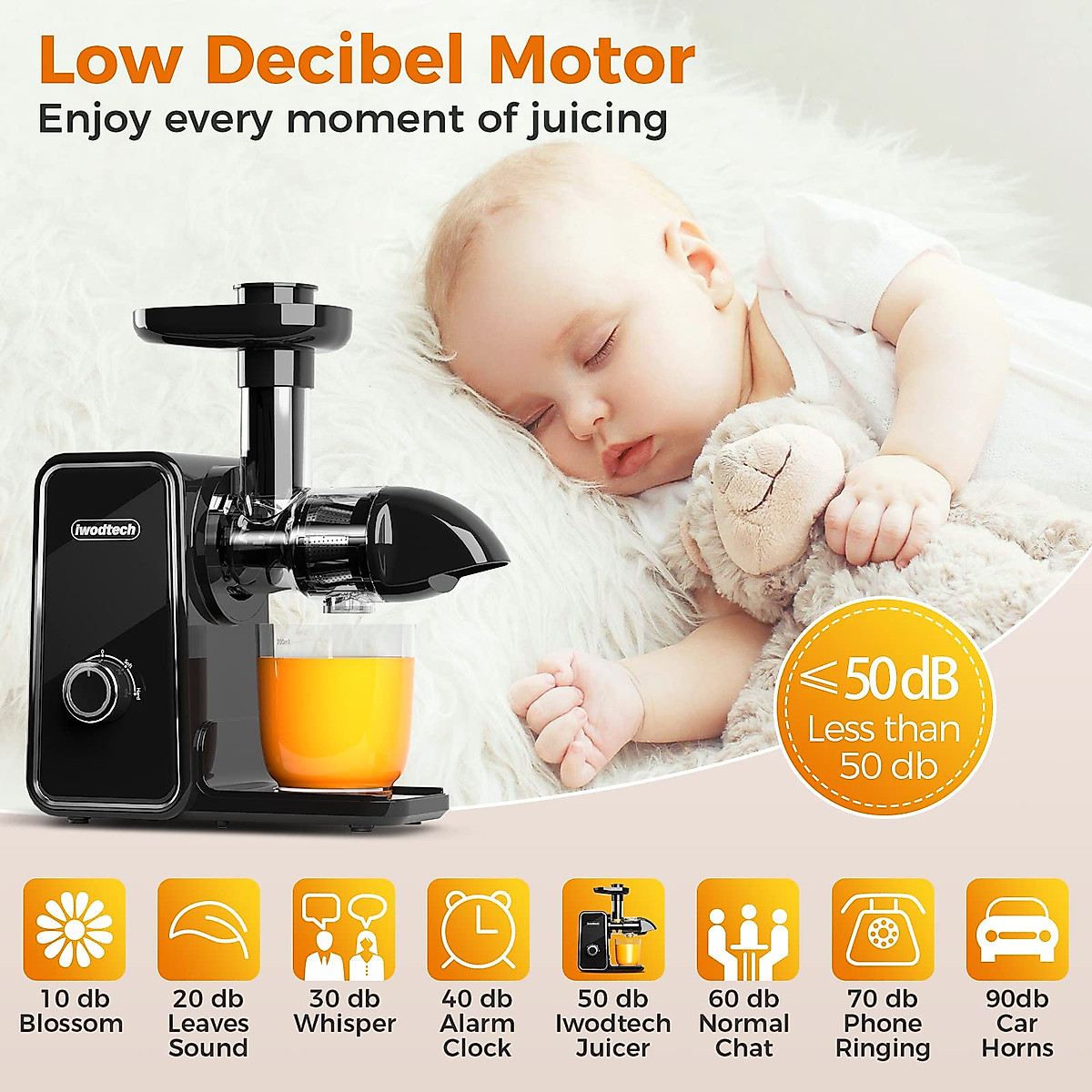 IWODTECH Juicer Machine, Cold Press Juicer with 2 Speed Modes, Slow Masticating Juicer Vegetable and Fruit, Celery Juicer, BPA-Free, Easy to Clean, Black