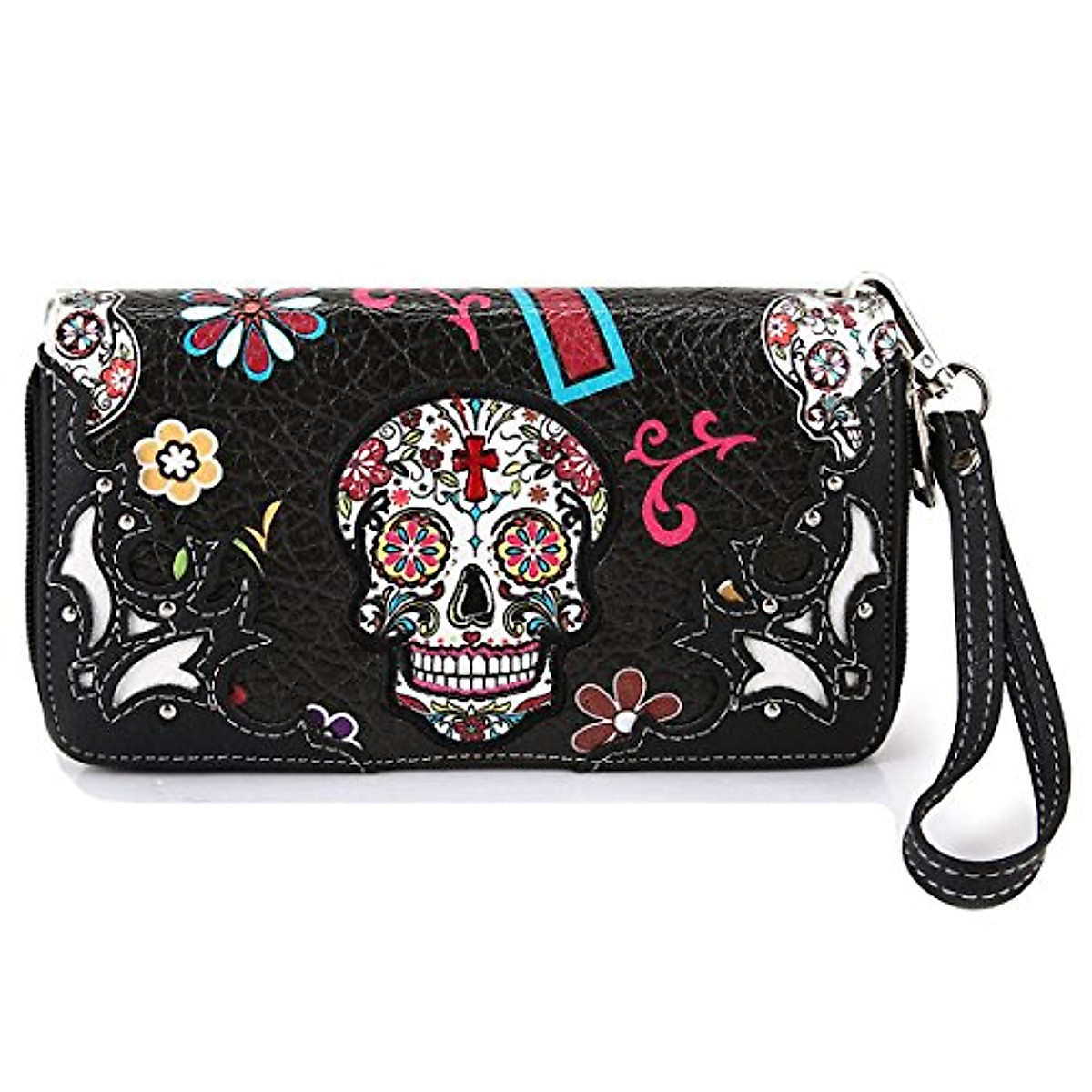 Sugar Skull Western Cross Clutch Wallet Day of the Dead Wristlet Purse Calavera (Black)