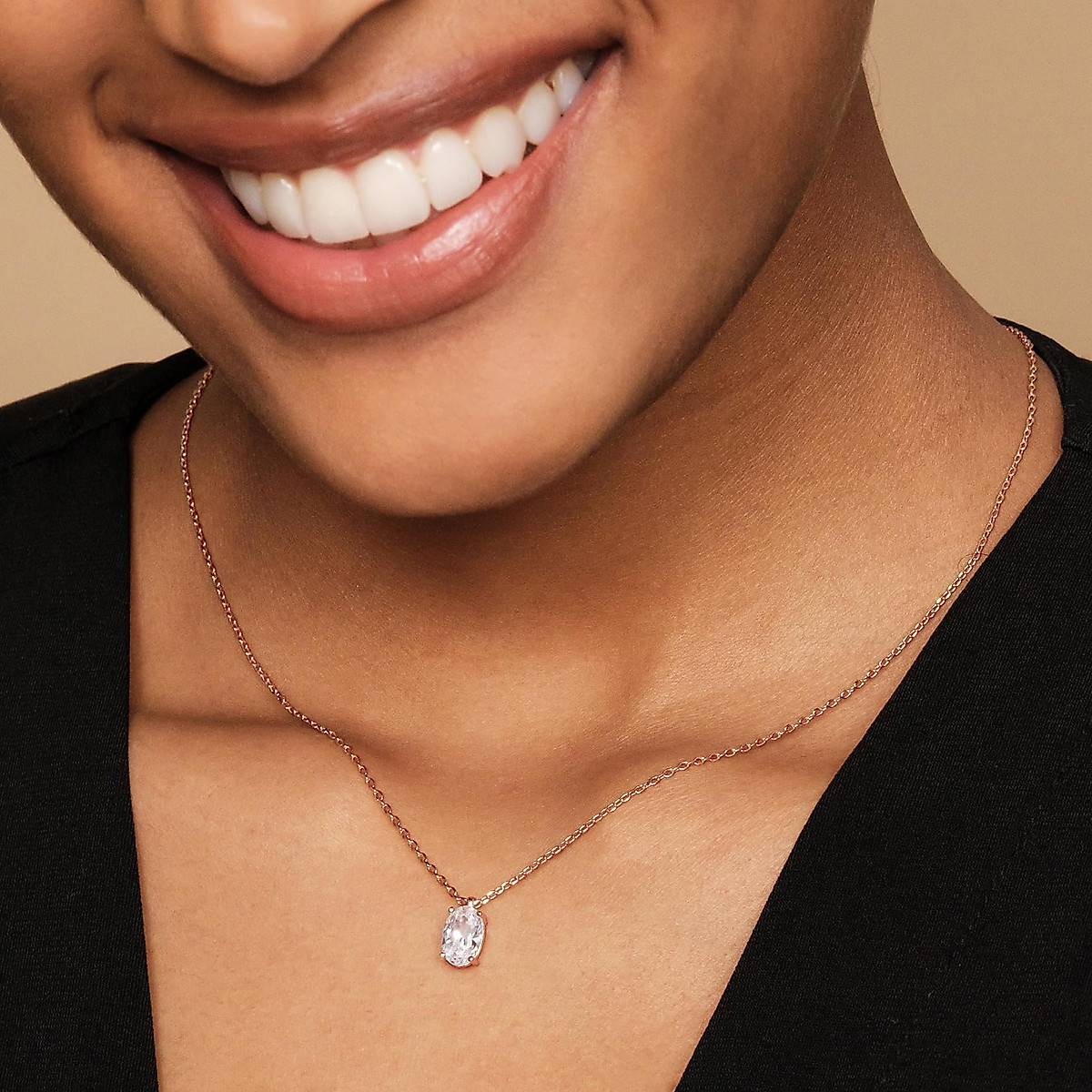 PAVOI 14K Gold Plated Sterling Silver Post Faux Diamond Oval Solitaire Pendant Halo Necklace in Rose Gold