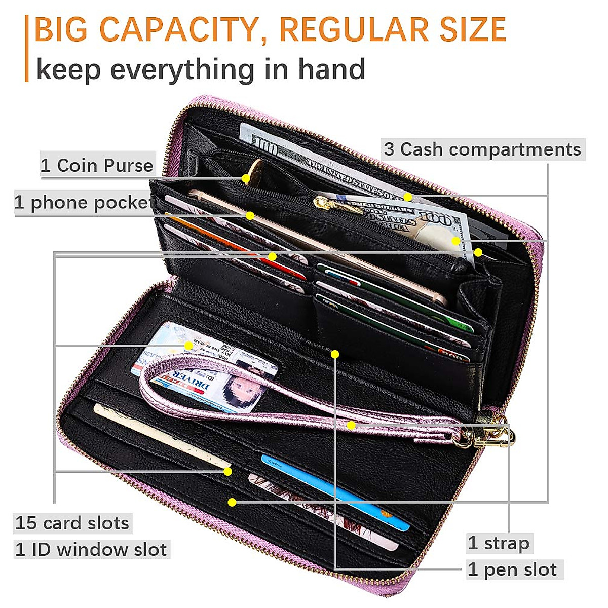 Bybetermon Women's Wallet Zip Around Wristlet RFID Blocking Purse Travel Wallet Clutch for Woman Men