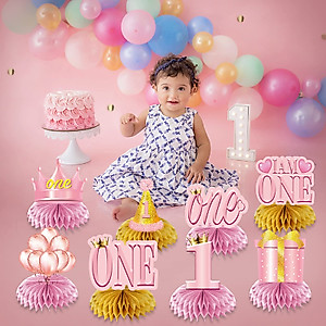 8Pcs 1st Birthday Decorations Honeycomb Centerpieces for Baby Girls, Pink Rose Gold I Am One Happy First Birthday Table Centerpieces Party Supplies, One Year Old Bday Table Toppers Decor