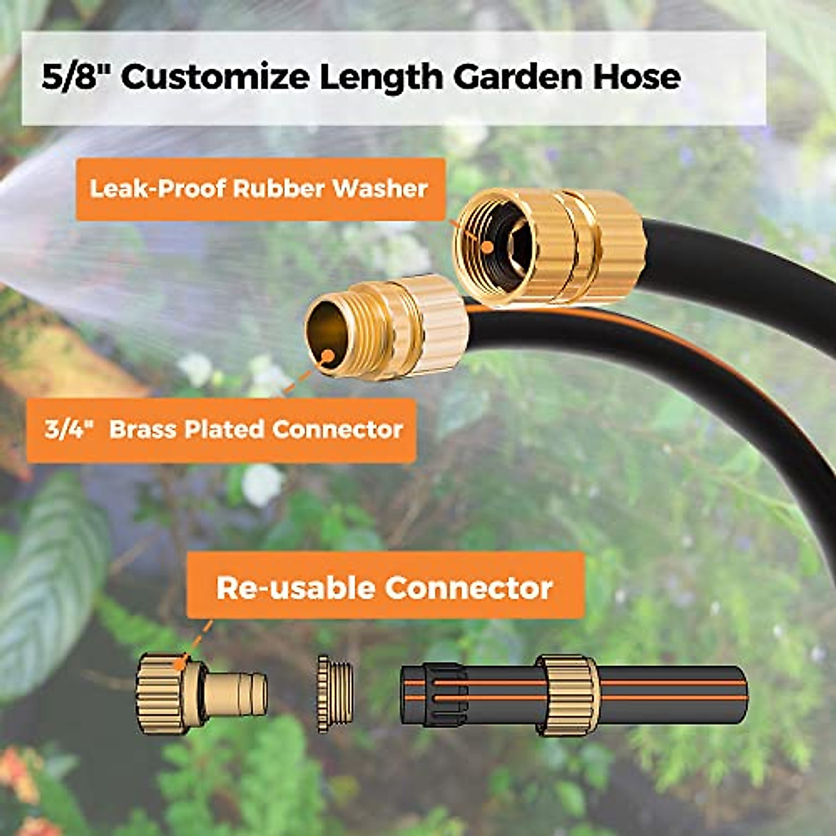 Giraffe Tools Garden Hose 5/8" x 25ft, Custom Length, No Kink, Flexible, Leakproof Water Hose, Male Female Fittings, 600 Burst PSI, 25ft, Black Orange