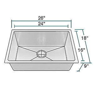 MR Direct 2620S-18 Stainless Steel Undermount 26 in. Single Bowl Kitchen Sink