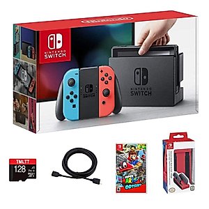 Nintendo 2020 Premium Switch 32GB Console Family Essential Bundle - Neon Red/Neon Blue Joy-Con, Super Mario Odyssey, Red Dual Joy-Con Charger, TMLTT 128GB MicroSD Card, HDMI Cable