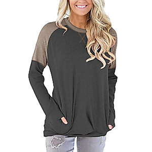 Angerella Tops for Women Cute Color Block Long Sleeve Shirts Basic Lightweight Round Neck Sweatshirt Gray M