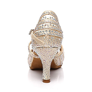 HROYL Women Closed Toe Ballroom Dance Shoes Low Heel Rhinestones Latin Salsa Modern Performance Practice Dancing Shoes YCL403-4.5 Beige, 9.5 B(M) US