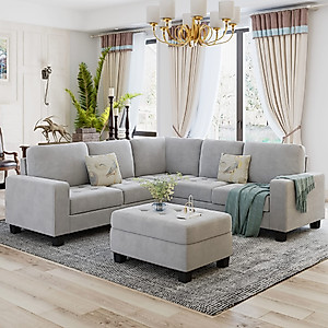 85''*85'' Sectional Corner Sofa L-Shape Couch Space Saving with Storage Ottoman & Cup Holders Design for Large Space Dorm Apartment,Light Grey