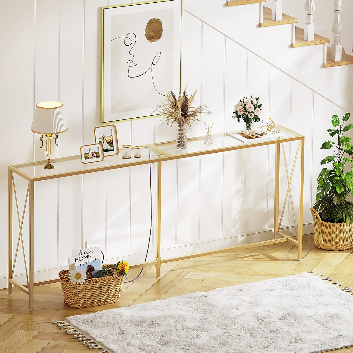 SUPERJARE 70 Inch Console Table with LED Light Strips, Gold Entryway Table with Tempered Glass, Sofa Table, Hallway Table for Entryway, Rubber Pads, for Living Room, Front Door, Gold