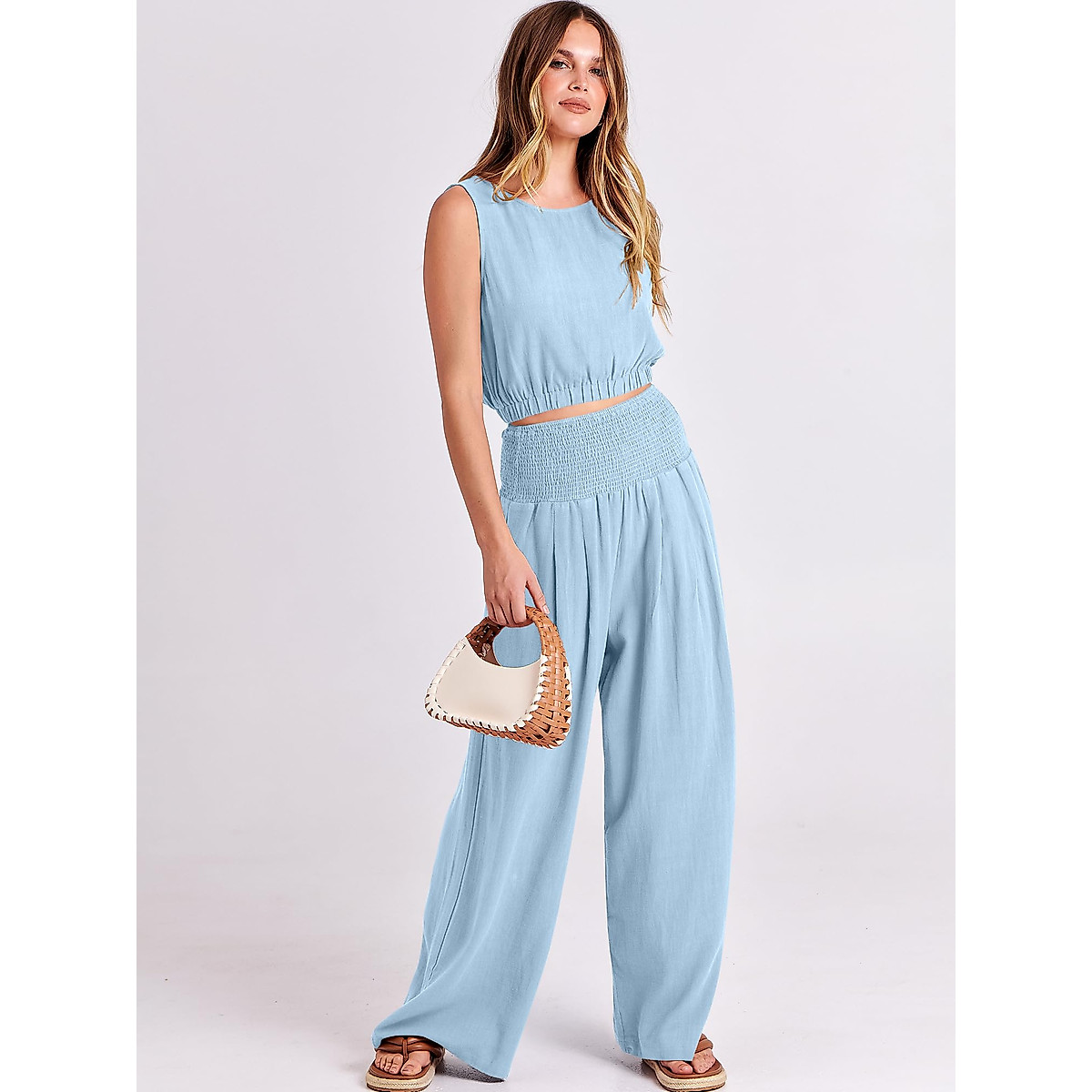 ANRABESS Women's 2 Piece Linen Lounge Set Casual Matching Pants Jumpsuit Summer Beach Travel Vacation Trendy Outfits X-Large