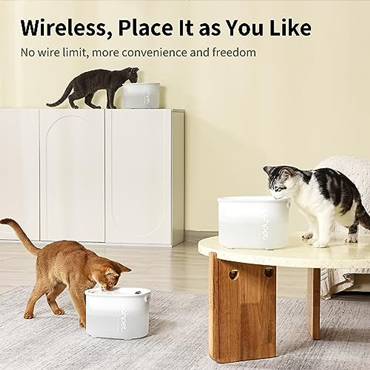 uahpet Cat Water Fountain, Wireless & Battery Operated Pet Fountain for Cats Inside, 67oz/2L Effortless Installation Automatic Water Dispenser