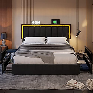 Hasuit Queen Bed Frame with 4 Storage Drawers, LED Light Queen Size Platform Bed with Charging Station, Artificial Leather Upholstered Bed with Adjustable Headboard, No Box Spring Needed