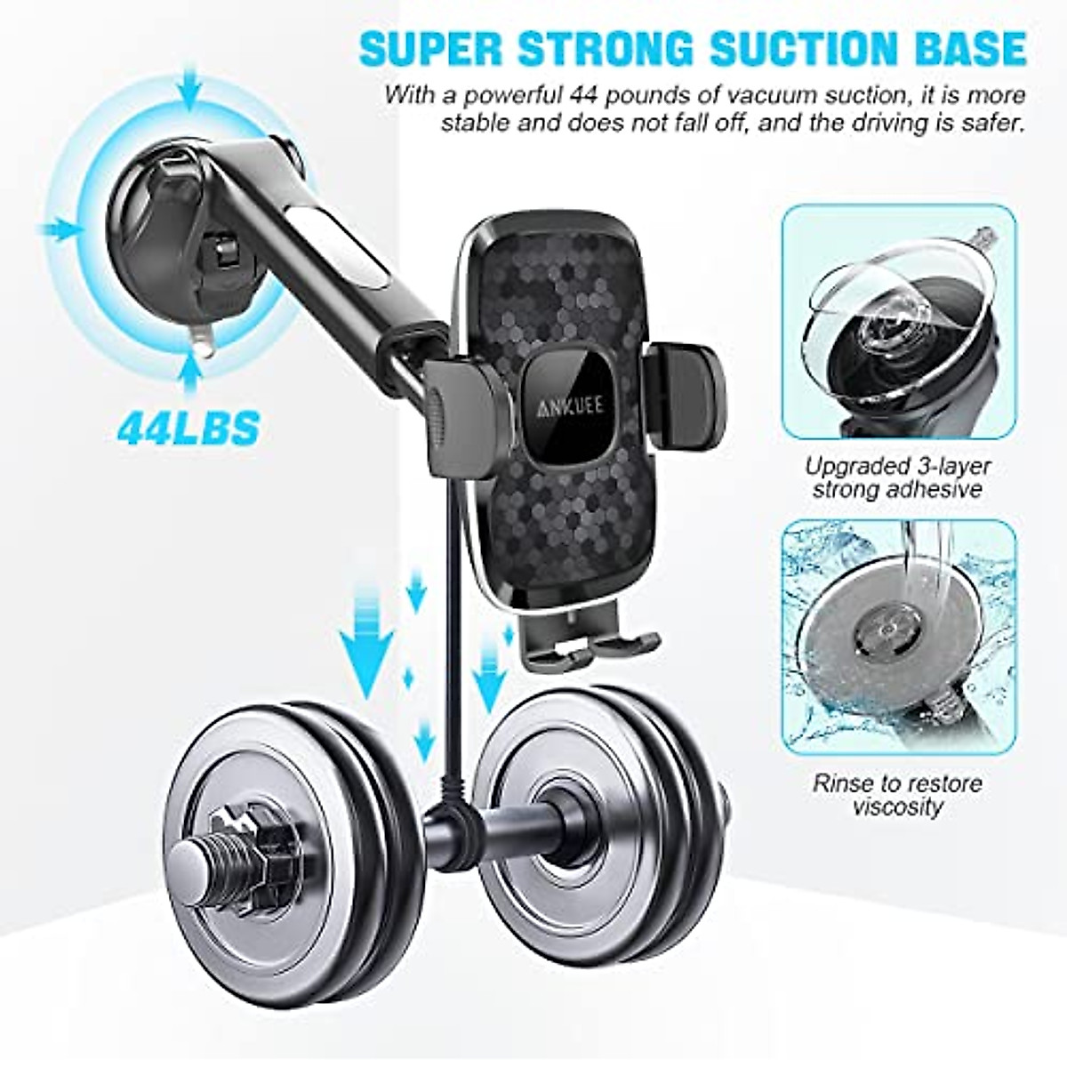 Car Phone Holder Mount, Suction Cup Cell Phone Holder with Gel Pad for Dashboard Windshield Air Vent 3-in-1, Stable Universal Cellphone Mount Holder Compatible with iPhone, Samsung, Android Mobile