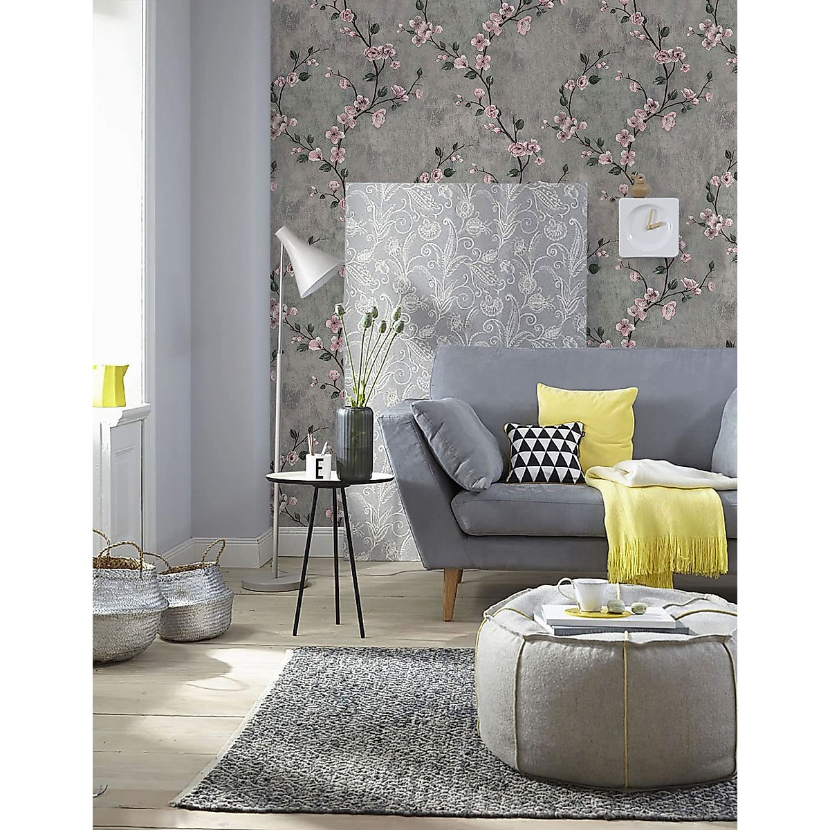 Dviolet Floral Peel and Stick Wallpaper Grey Floral Contact Paper Removable Wallpaper Decorative Self Adhesive Wallpaper Wall Paper 17.7" x 118.1"