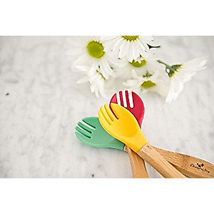 Avanchy Baby Fork Set, Bamboo and Silicone Spork Utensils, Toddler Baby Led Weaning Silverware Cutlery Flatware, Kids First Self Feeding, 2 Pack, 5 Pack, with Pink Fork