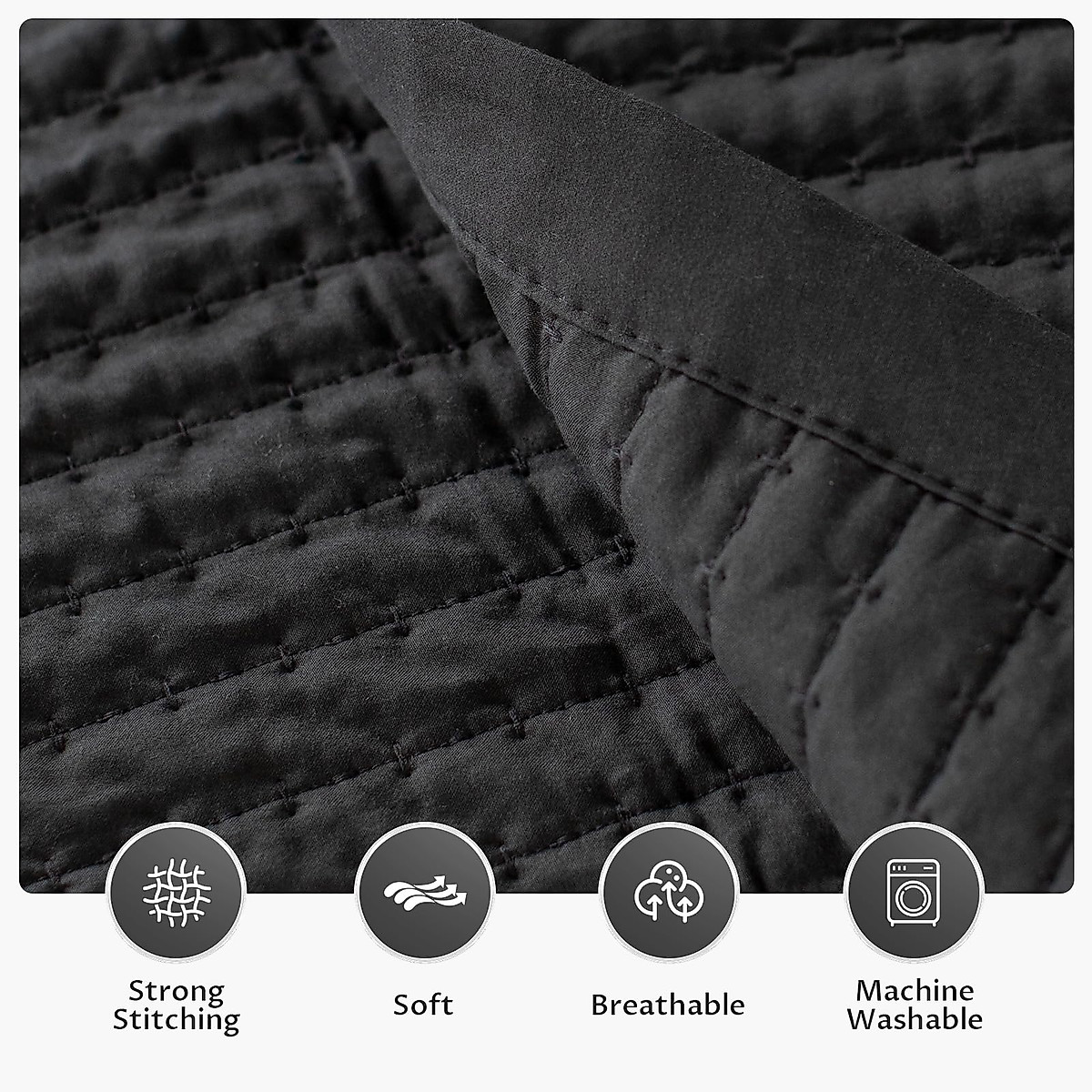 KASENTEX Black King Size Quilt Bedding Sets with Pillow-Shams, Dark Lightweight Soft Bedspread Coverlet, Quilted Blanket Thin Comforter Bed Cover, All Season Summer Spring, 3 Pieces, 104x90 inches