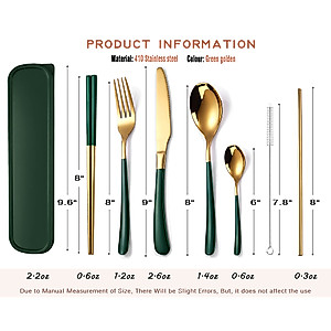 AARAINBOW 7 Pieces Stainless Steel Flatware Set Portable Reusable Cutlery Set Travel Utensils Set Including Chopsticks Knife Fork Spoon Straws Cleaning Brush Dishwasher Safe (7 Green Golden)