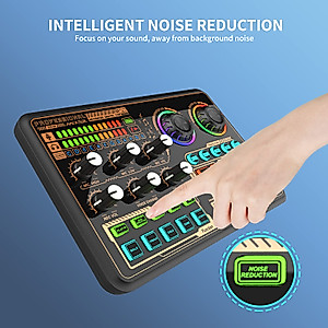 Hosabely Sound Effects Board, Audio Interface with Voice Changer and LED Lights, Live Sound Board for PC Phone Microphone, Audio Mixer for Karaoke, Streaming, Recording, Gaming