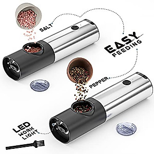 Electric Salt and Pepper Grinder Set with Rechargeable Base, Stainless Steel Salt and Pepper Grinders/Mill with Adjustable Coarseness, Refillable Salt and Pepper Shakers with LED Light, a Pair