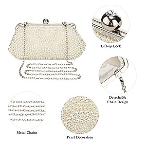 Pinprin Ladies Pearl Clutch Bag Womens Beaded Handbag Formal Prom Bridal Wedding Cocktail Party Purse (A-White)