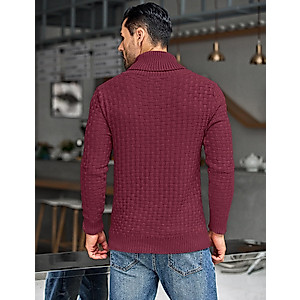 COOFANDY Men's Shawl Collar Sweaters V-Neck Relaxed Fit Basket Knitted Pullovers Wine Red