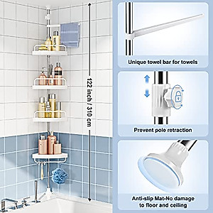 Corner Shower Caddy Tension Pole: Rust Proof 4Tier Shampoo Storage Organizer for Inside Shower - Telescoping Rod Shower Rack for Bathroom and Bathtub - Restroom Floor Standing Bath Rack Holder