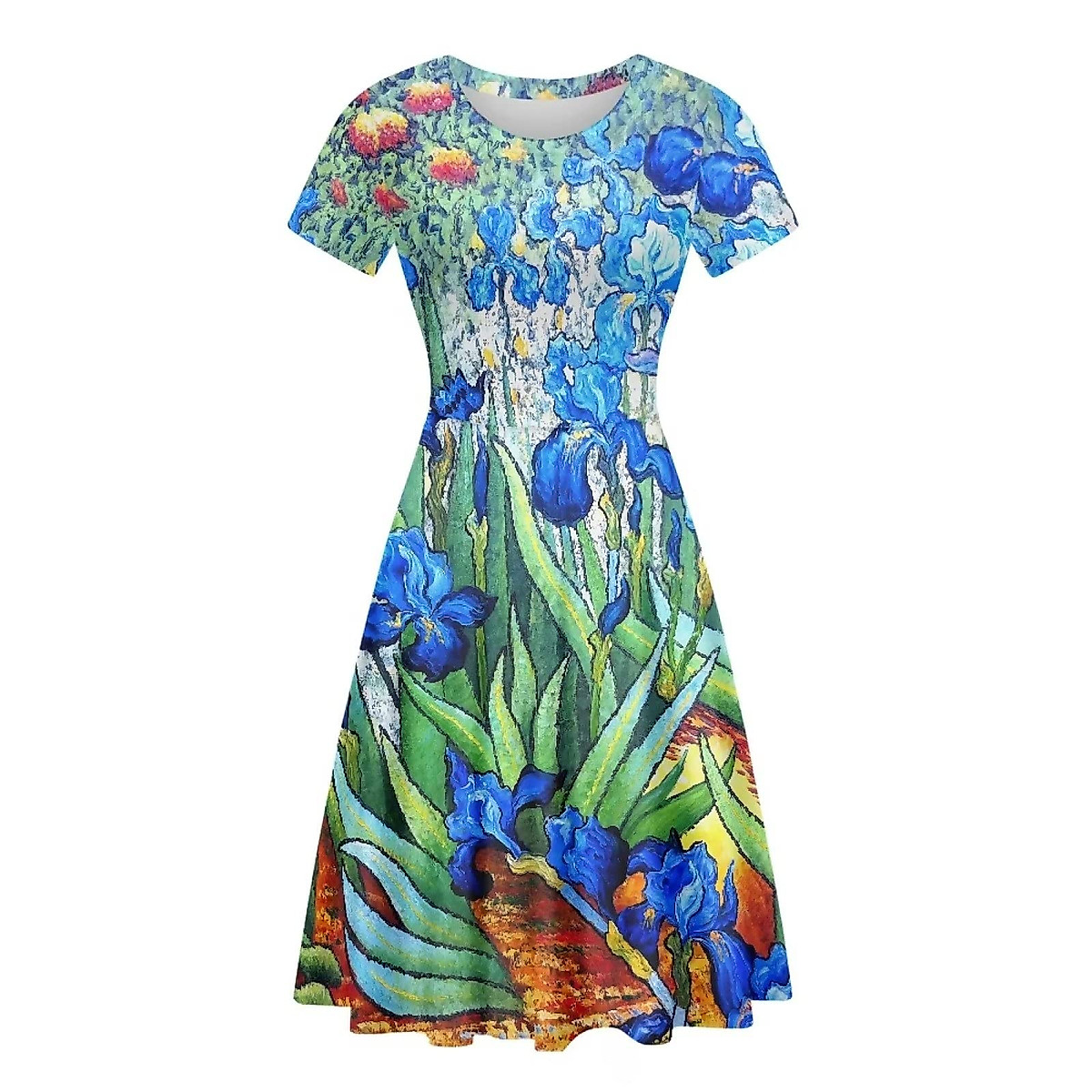 POLERO Van Gogh Irises Dress for Women Oil Painting Print Dress for Casual Summer Short Sleeved Dresses Size XL