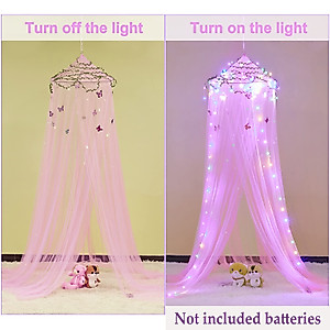 FIOBEE Bed Canopy for Girls Room Bed Canopy Curtains with Led Lights Mosquito Net DIY Princess Room Décor with Stars Butterflies for Kids Bedroom, Hot Pink
